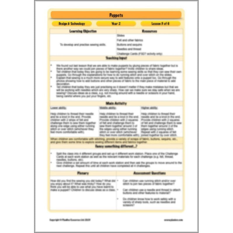 Puppets KS1 DT Lesson Planning Pack for Year 2 by PlanBee