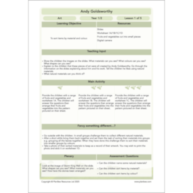 Andy Goldsworthy KS1 Art Lesson Plans created by PlanBee