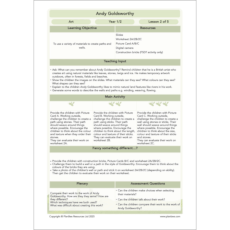 Andy Goldsworthy KS1 Art Lesson Plans created by PlanBee