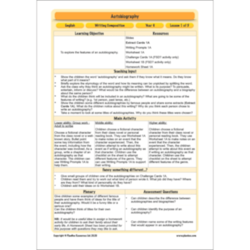 Autobiography KS2 English Planning and Resources — PlanBee