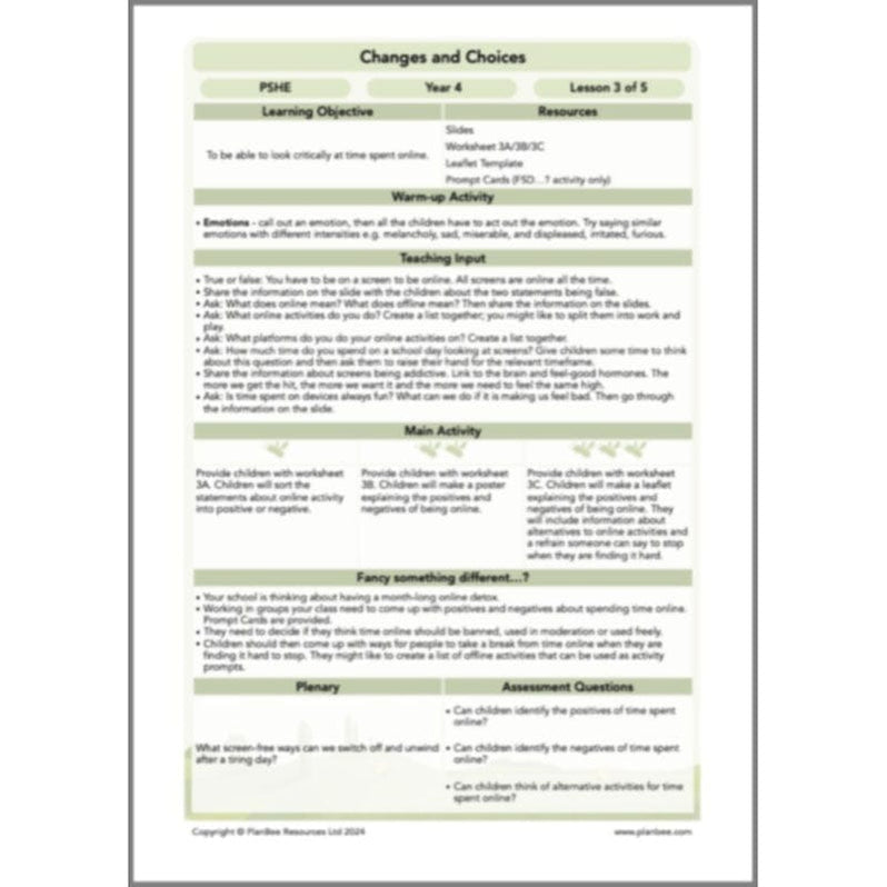 Changes and Choices Year 4 PSHE Lesson Pack by PlanBee