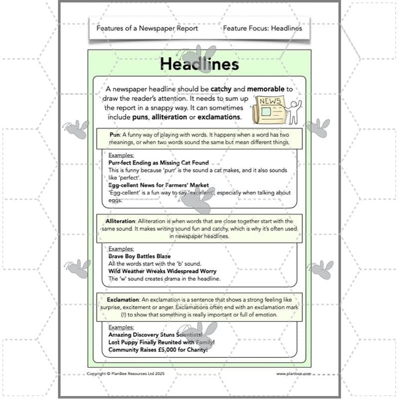Features of a Newspaper Report KS2 Lesson Pack | PlanBee