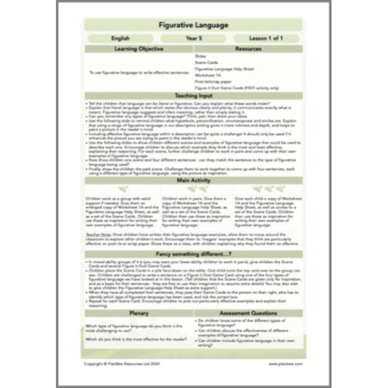 Figurative Language KS2 Lesson Pack | PlanBee
