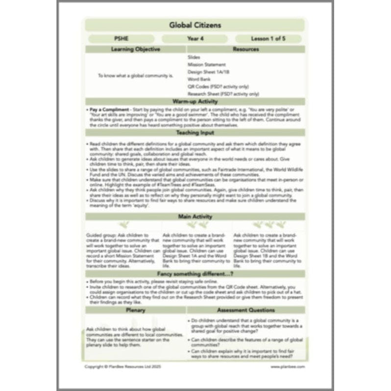 Global Citizens | Year 4 PSHE Lessons — PlanBee