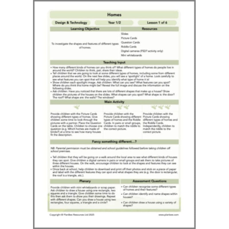 Houses and Homes KS1 DT Lesson Pack by PlanBee