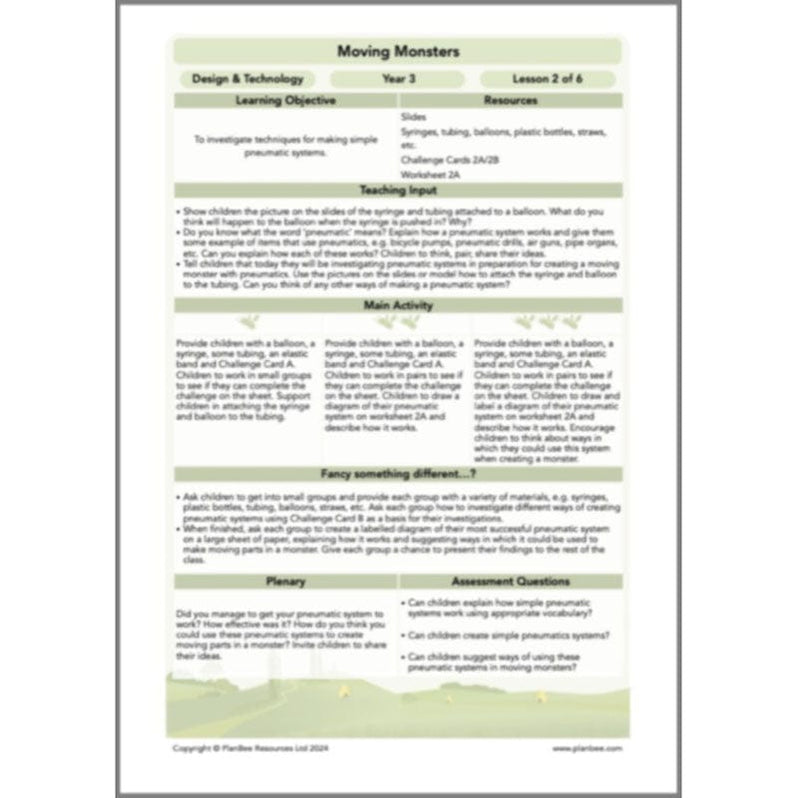 Moving Monsters Year 3 KS2 Pneumatics Lessons by PlanBee