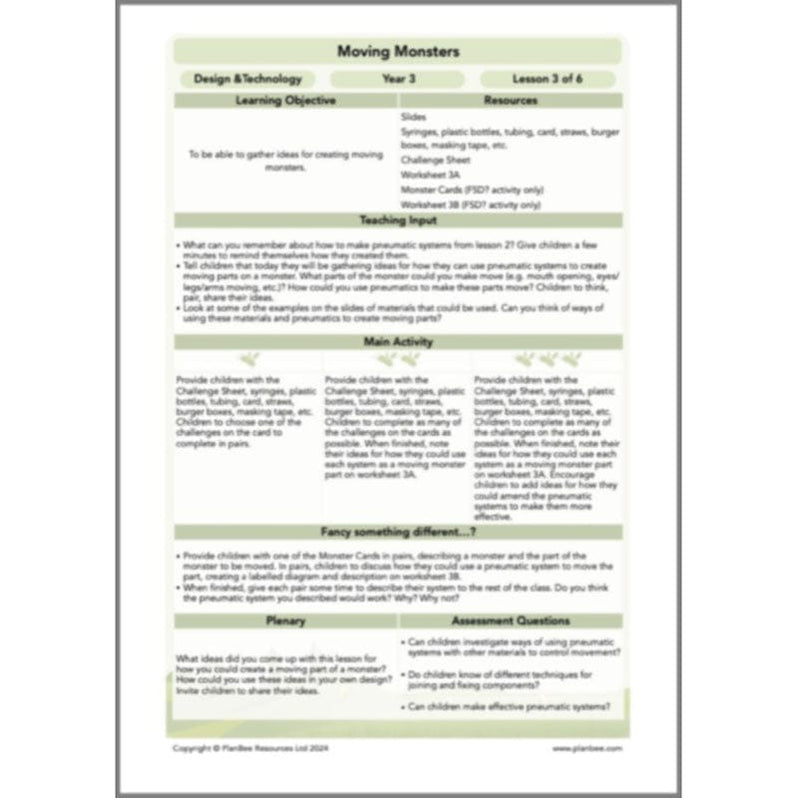 Moving Monsters Year 3 KS2 Pneumatics Lessons by PlanBee