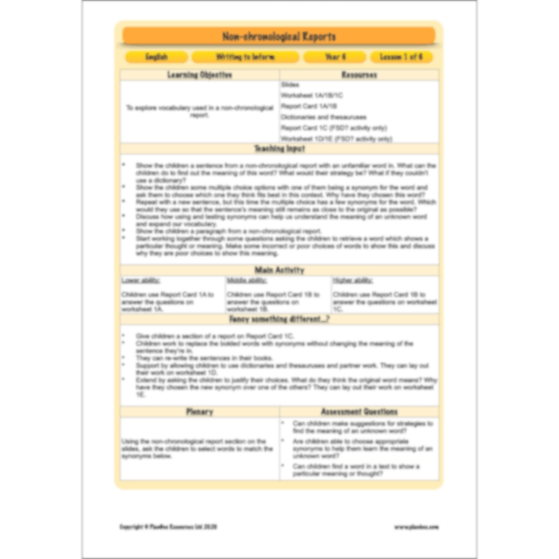 Non-chronological Reports Year 6 English Planning — PlanBee