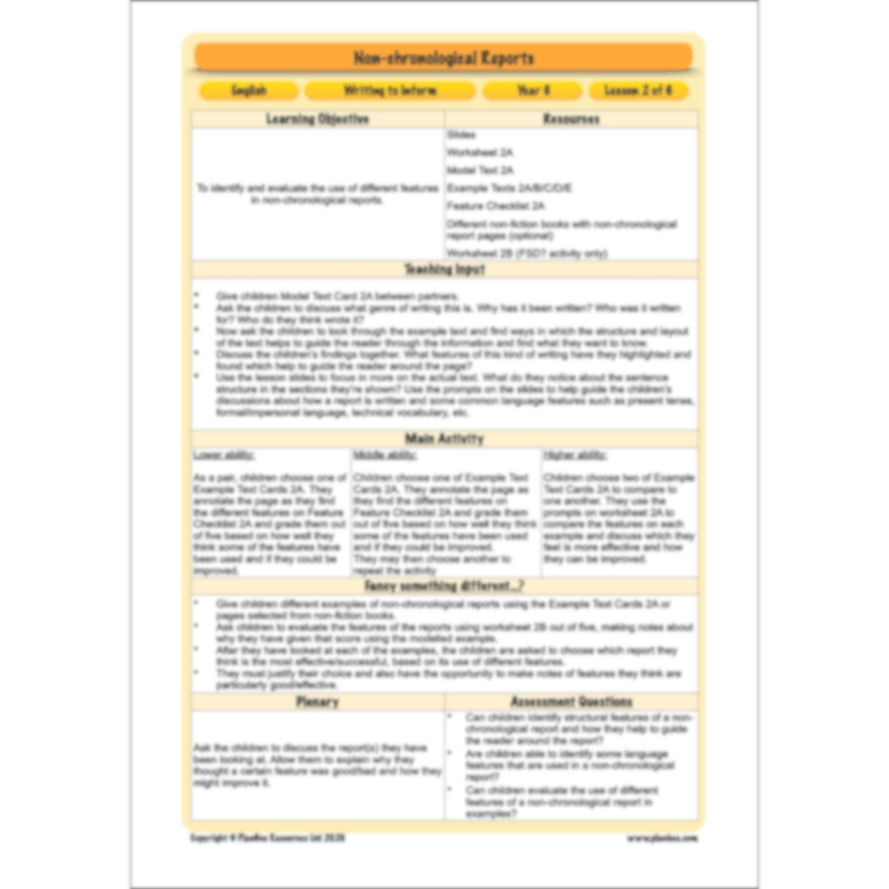 Non-chronological Reports Year 6 English Planning — PlanBee
