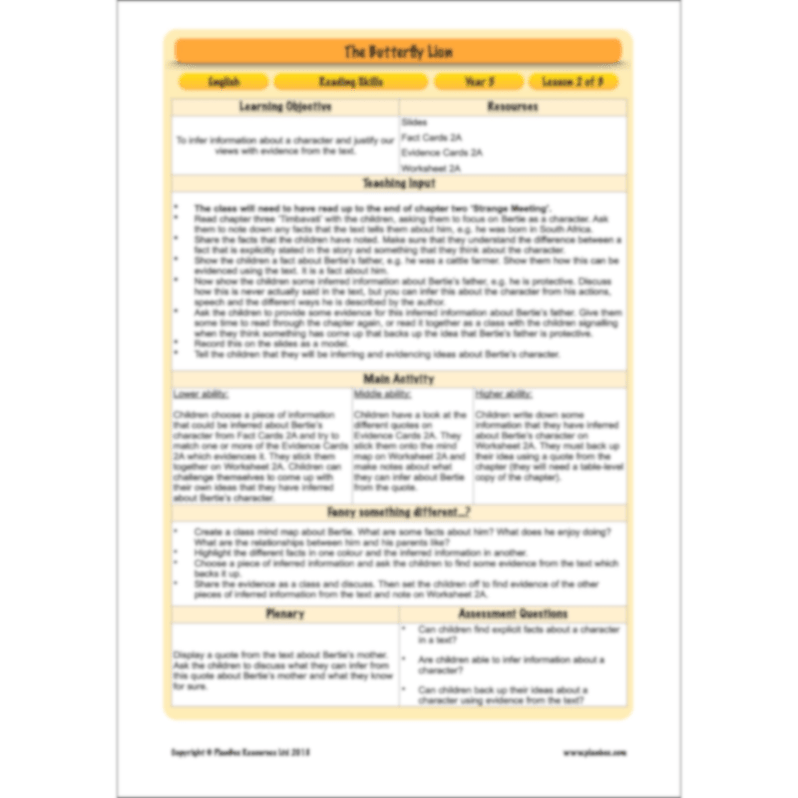 FREE Mini-scheme | The Butterfly Lion Reading Skills KS2 — PlanBee
