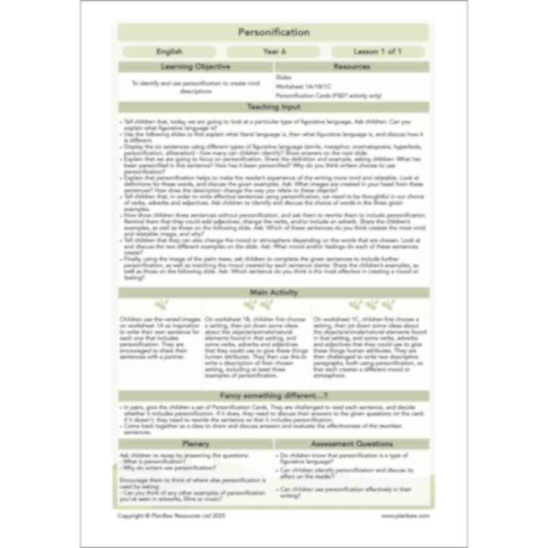 Personification KS2 English Lesson Pack | PlanBee