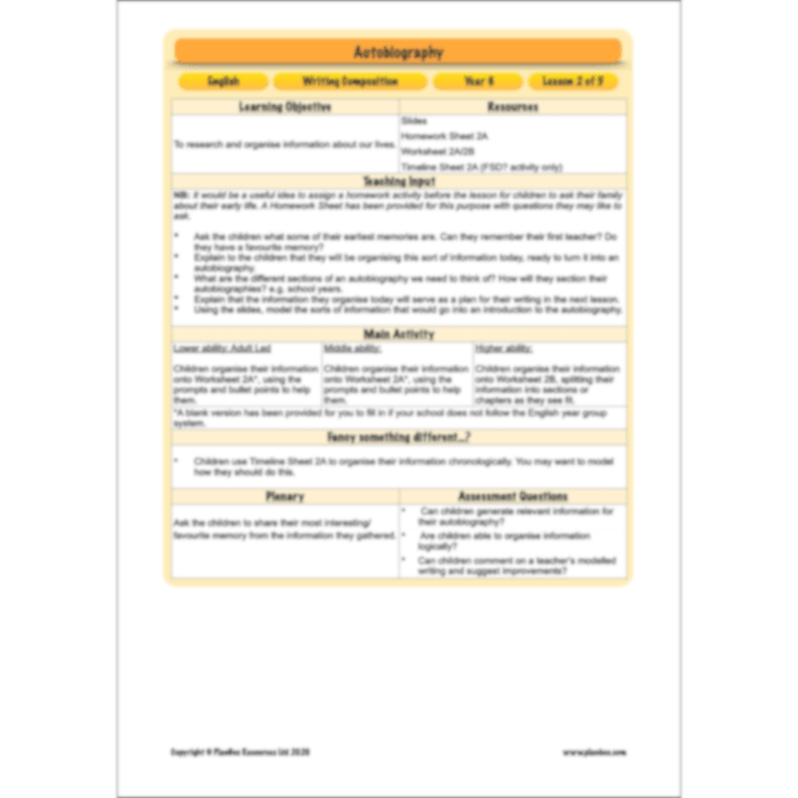 Autobiography KS2 English Planning and Resources — PlanBee
