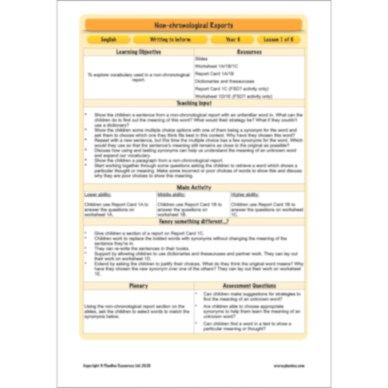 Non-chronological Reports Year 6 English Planning — PlanBee