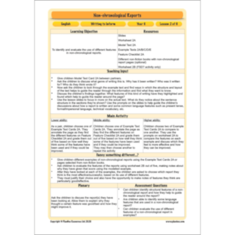Non-chronological Reports Year 6 English Planning — PlanBee