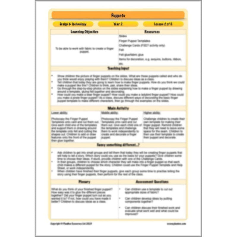 Puppets KS1 DT Lesson Planning Pack for Year 2 by PlanBee