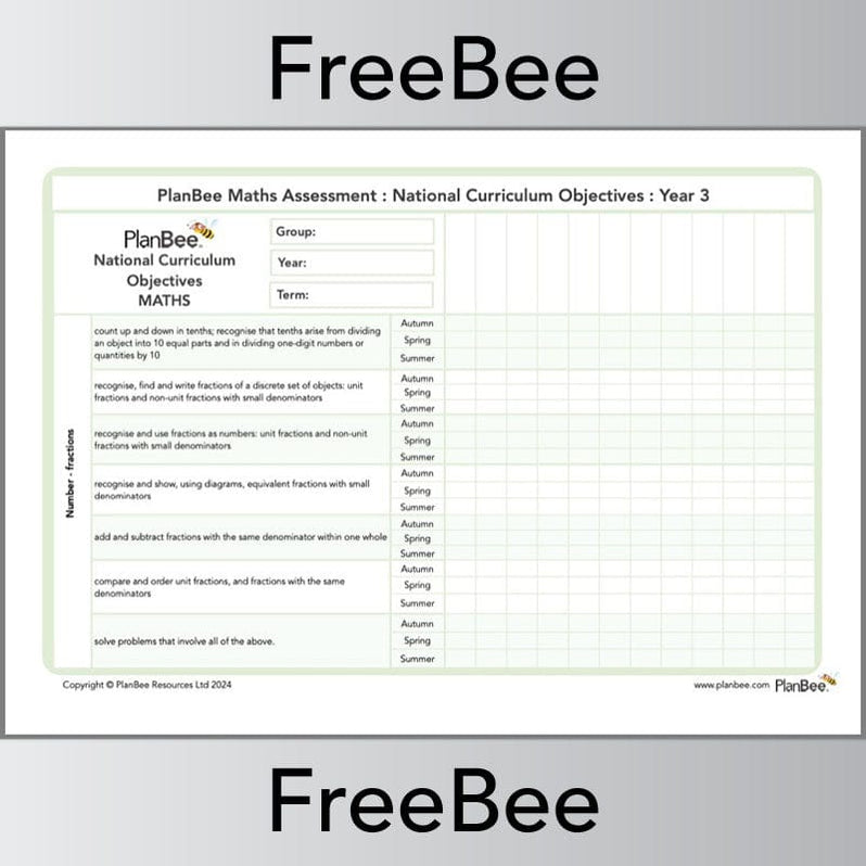 Free Year 3 Maths Objectives Assessment Grid by PlanBee