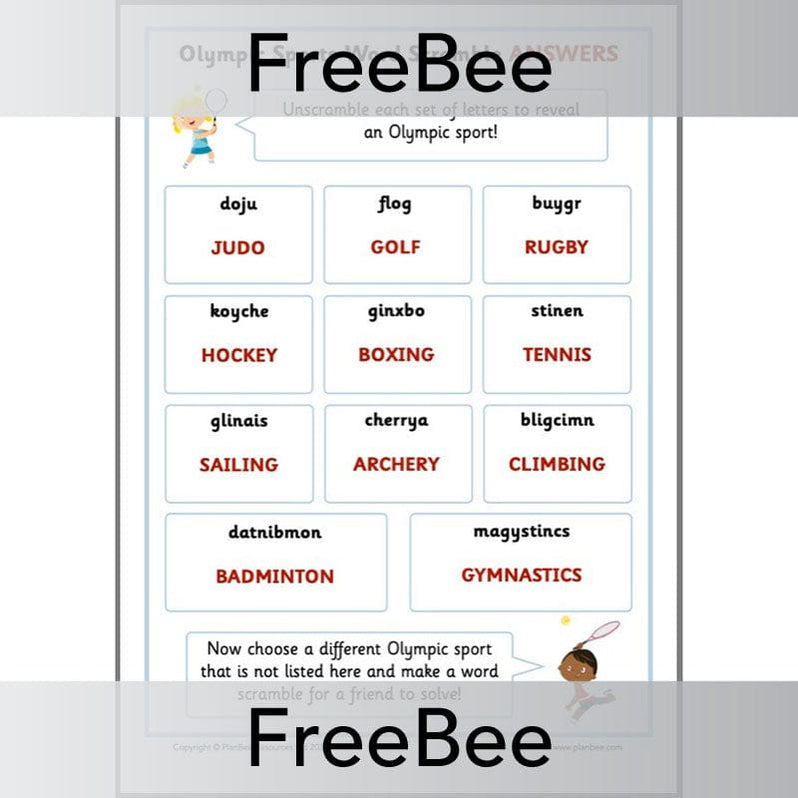 Olympic Sports Word Scramble Free PDF by PlanBee