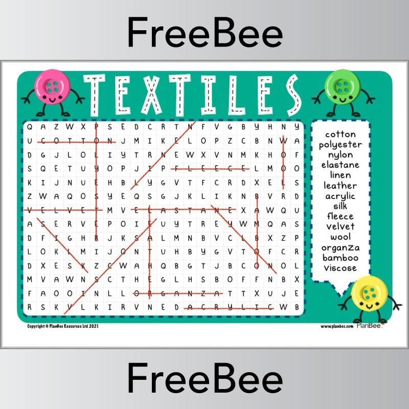 Textiles Wordsearch Free PDF Worksheet by PlanBee
