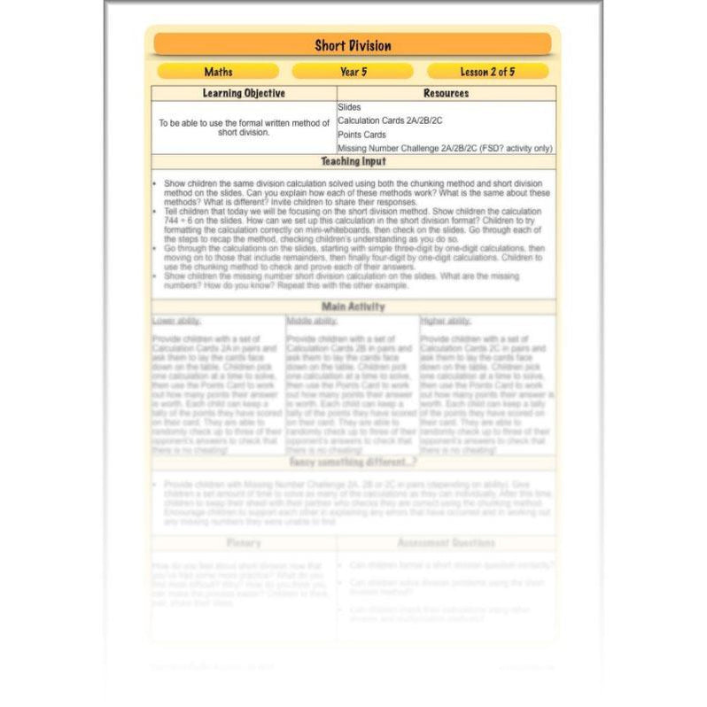Short Division - Year 5 Maths Planning and Resources from PlanBee