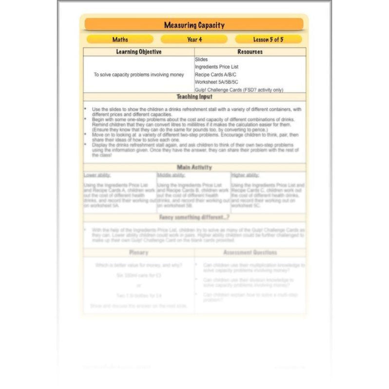 Measuring Capacity KS2 Year 4 Maths Lesson Planning Pack — PlanBee