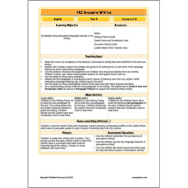 HS2 Persuasive Writing Year 6 KS2 English Pack by PlanBee