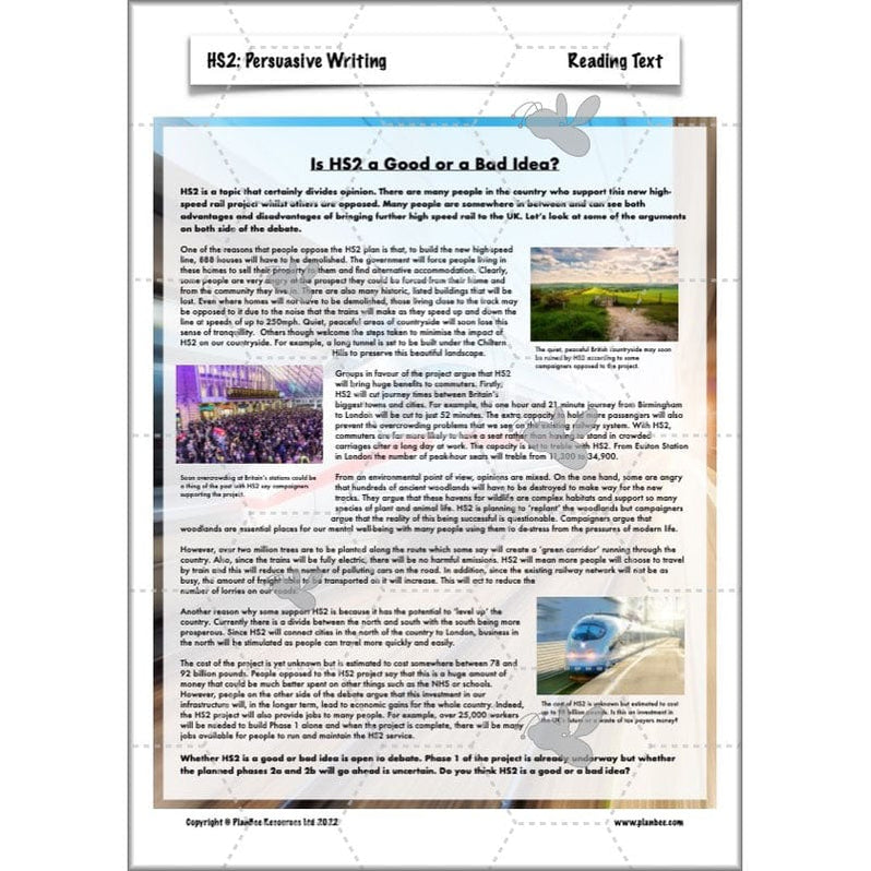 HS2 Persuasive Writing Year 6 KS2 English Pack by PlanBee