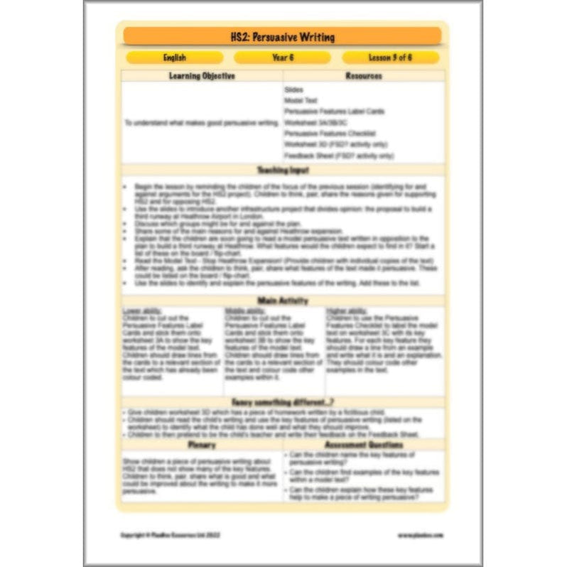 HS2 Persuasive Writing Year 6 KS2 English Pack by PlanBee