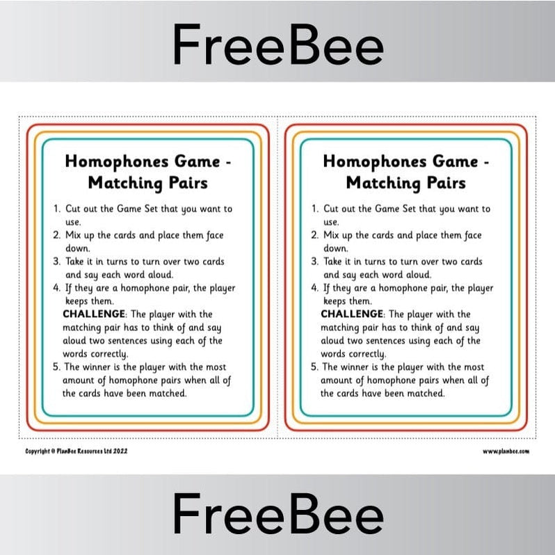 FREE Homophones Game by PlanBee