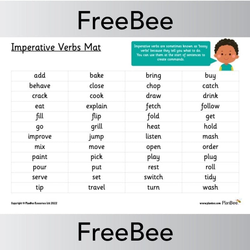 Imperative Verbs Mat Free PDF Resource by PlanBee