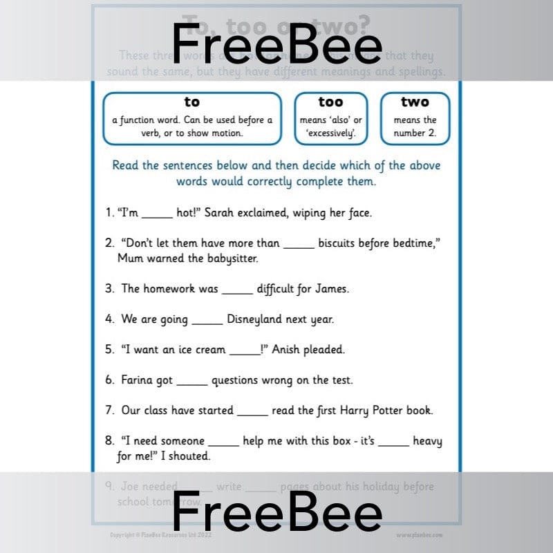 FREE To, Too, Two Worksheet by PlanBee