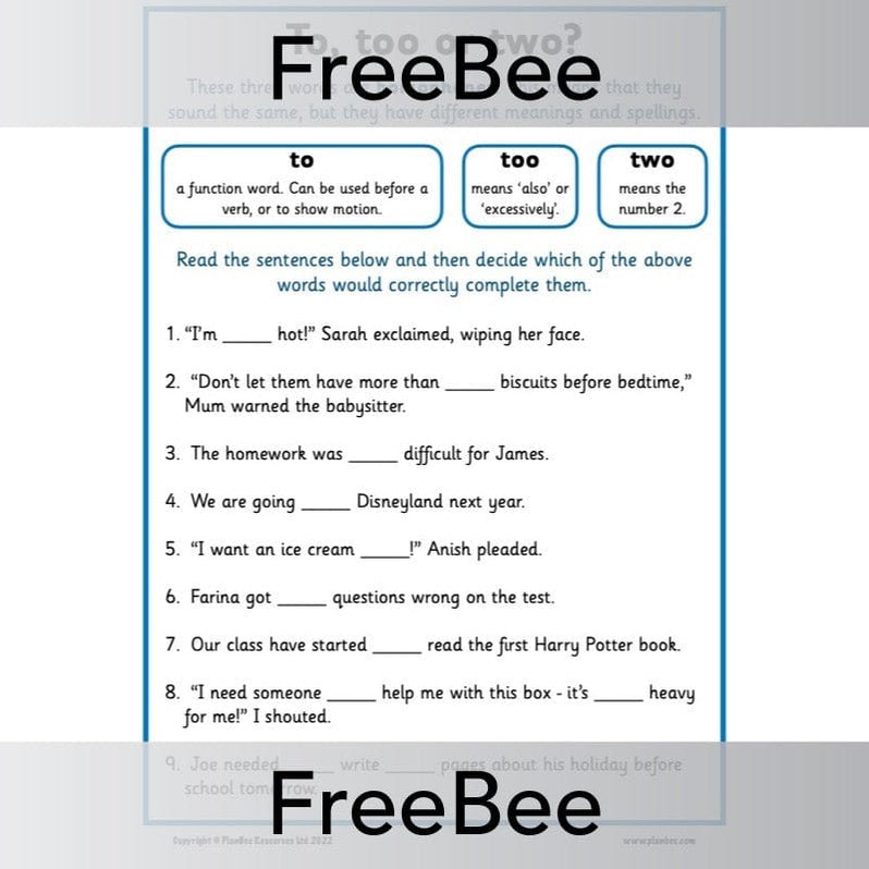 FREE To, Too, Two Worksheet by PlanBee