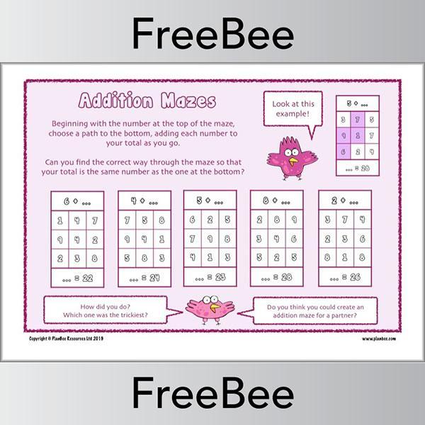 Free Downloadable Addition Maze Worksheets by PlanBee