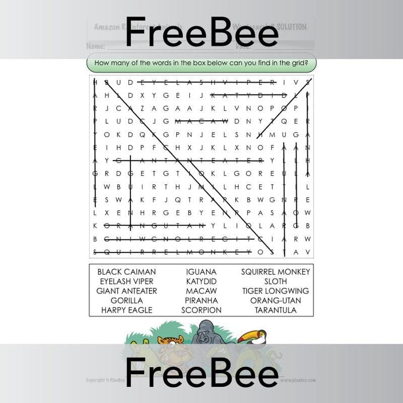 Free Amazon Rainforest Animals Word Search by PlanBee