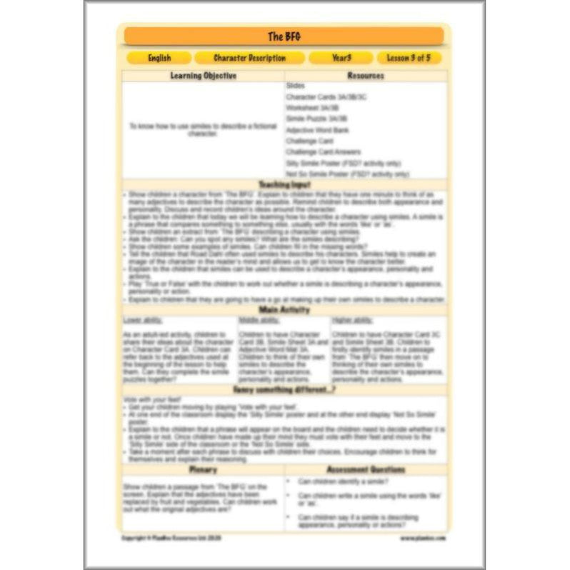 The BFG Character Description KS2 Year 3 Planning by PlanBee