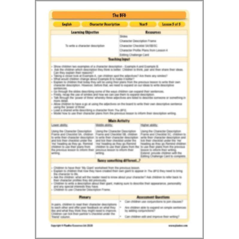 The BFG Character Description KS2 Year 3 Planning by PlanBee