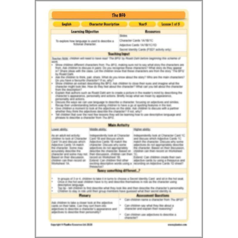 The BFG Character Description KS2 Year 3 Planning by PlanBee