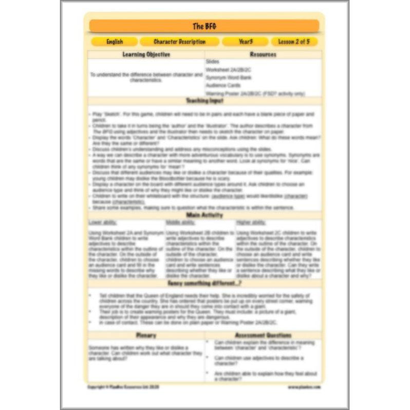 The BFG Character Description KS2 Year 3 Planning by PlanBee