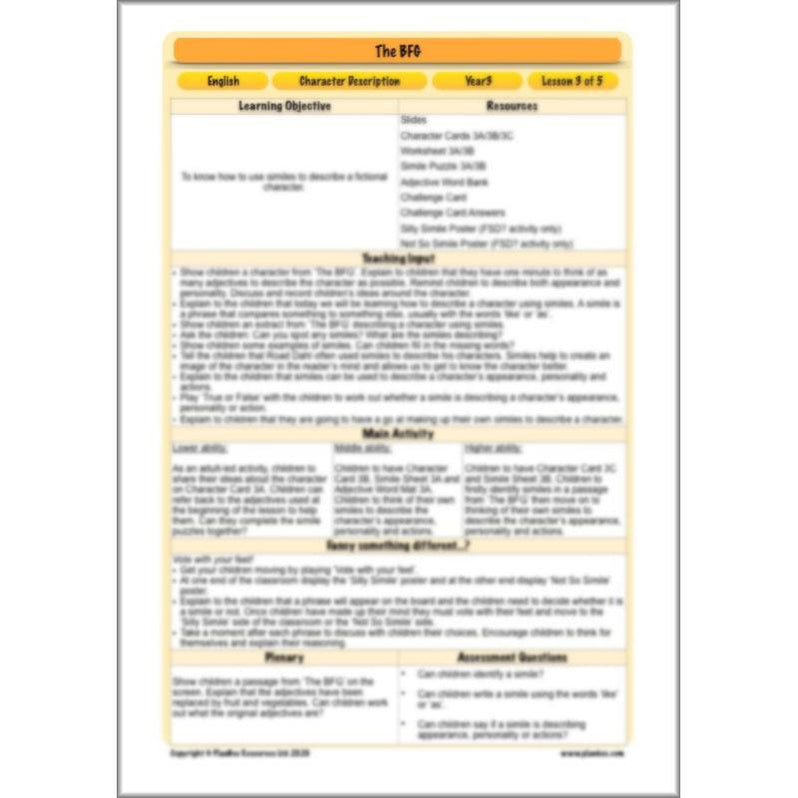 The BFG Character Description KS2 Year 3 Planning by PlanBee