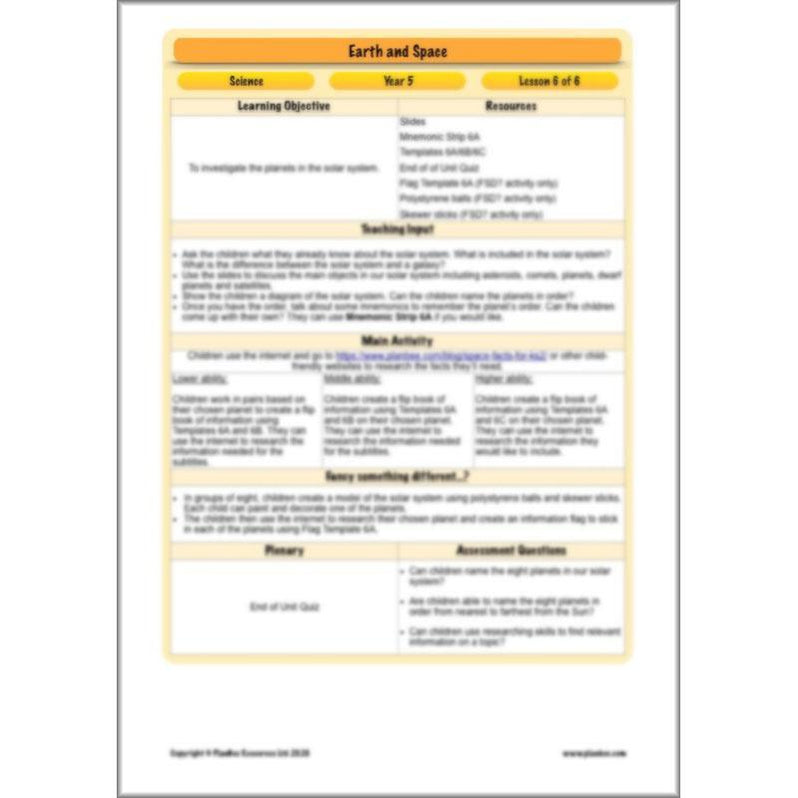 Earth and Space Year 5 Science Planning by PlanBee