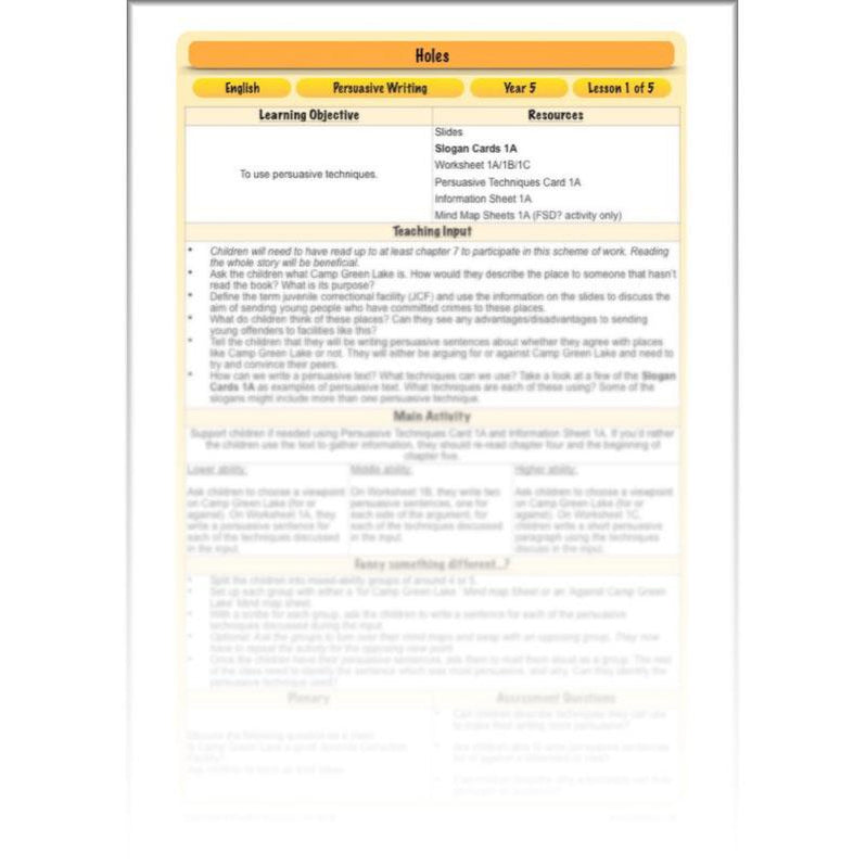 Holes Persuasive Writing Year 5 KS2 Planning by PlanBee