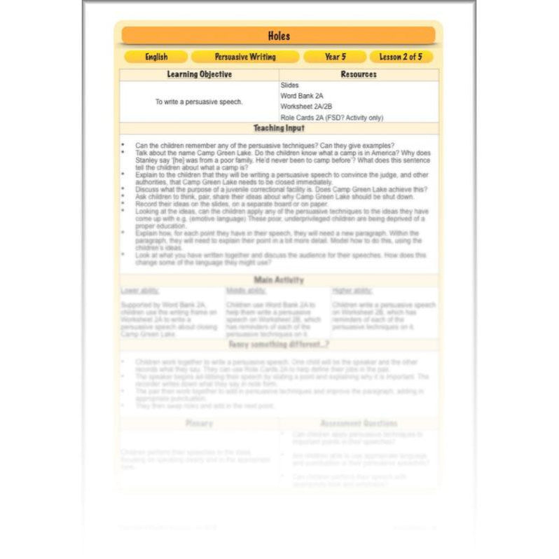 Holes Persuasive Writing Year 5 KS2 Planning by PlanBee