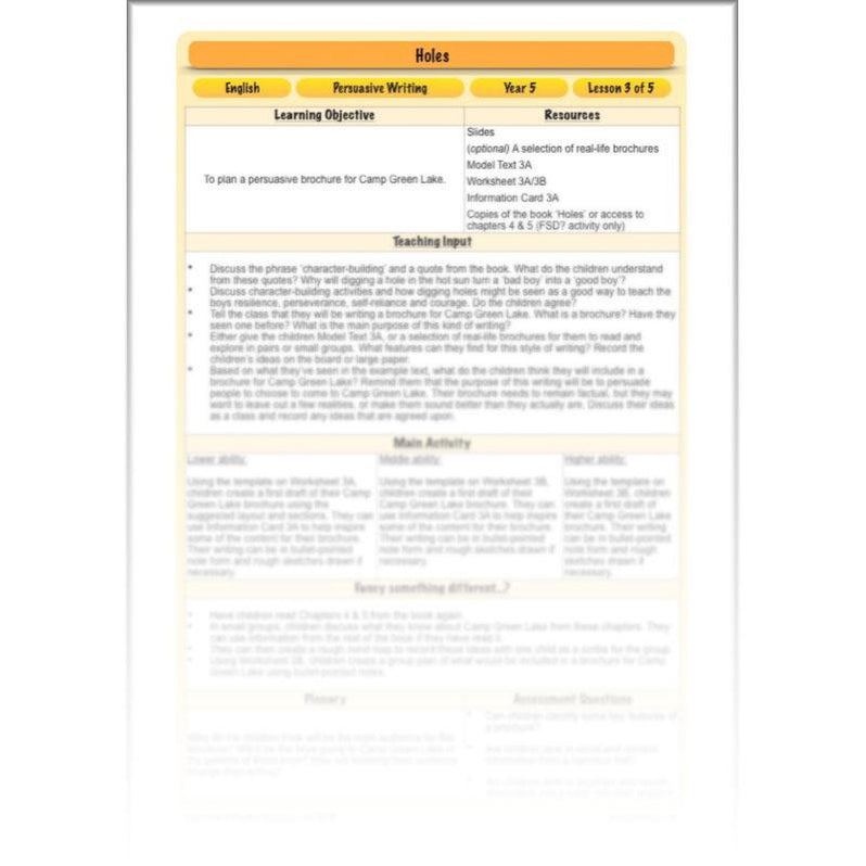 Holes Persuasive Writing Year 5 KS2 Planning by PlanBee