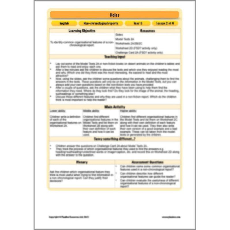 Holes Book Non-chronological Reports Pack Year 5 | PlanBee