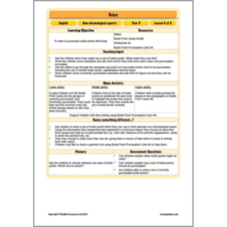 Holes Book Non-chronological Reports Pack Year 5 | PlanBee