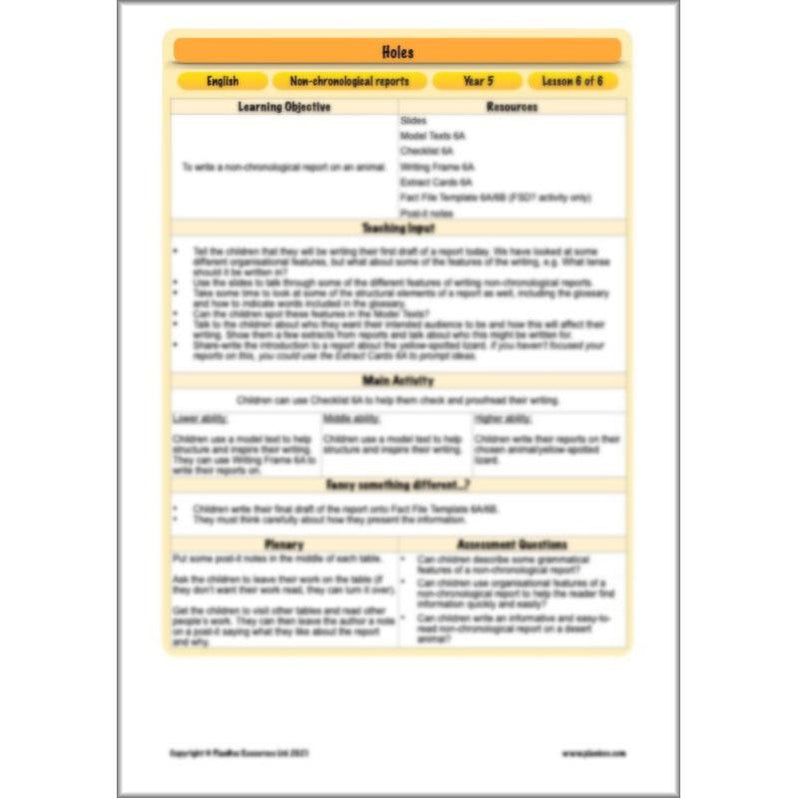 Holes Book Non-chronological Reports Pack Year 5 | PlanBee
