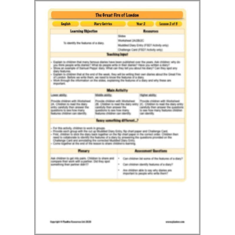 Great Fire of London Year 2 Diary Entries — PlanBee