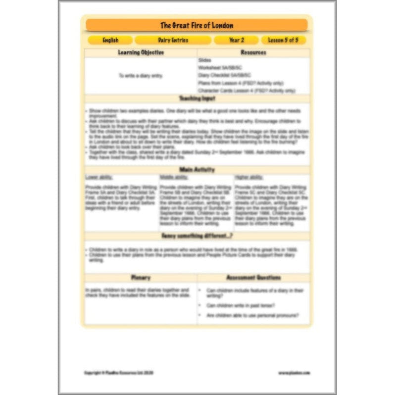 Great Fire of London Year 2 Diary Entries — PlanBee