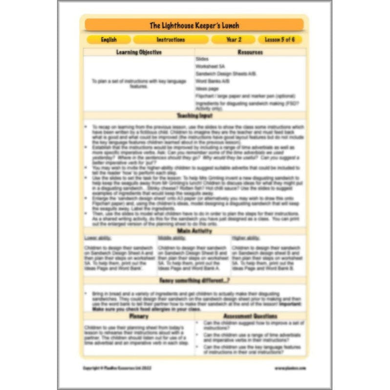 The Lighthouse Keeper's Lunch Year 2 Lesson Pack by PlanBee
