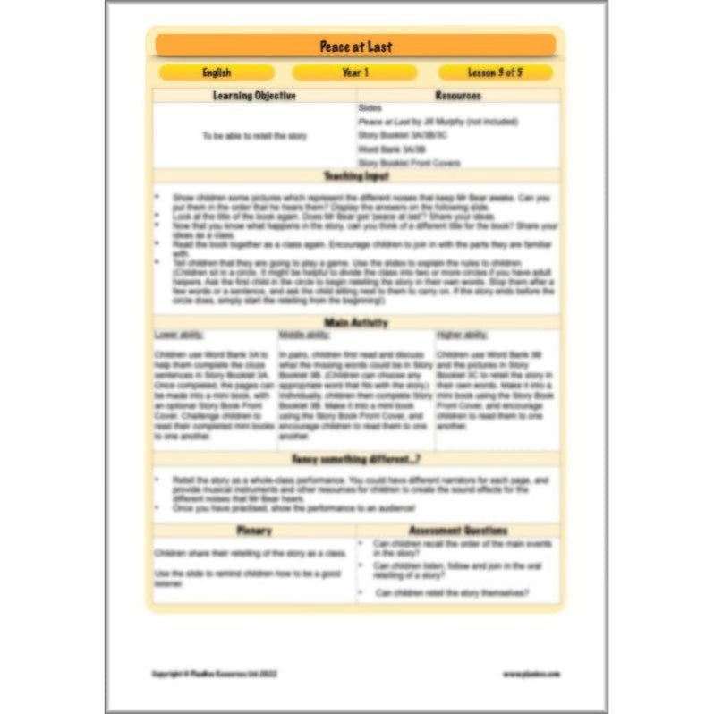 Peace at Last Activities KS1 Year 1 English lessons | PlanBee