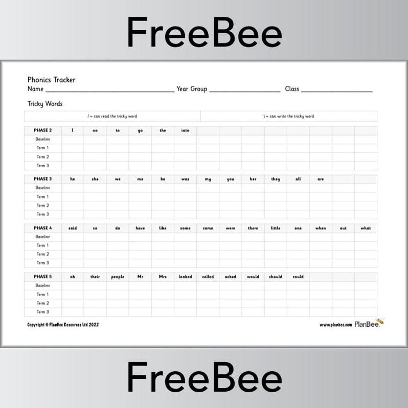 Free Downloadable Phonics Tracker by PlanBee